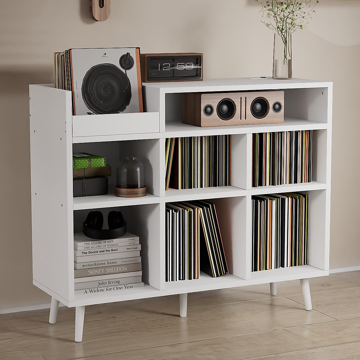 Record Storage Cabinet, Turntable Shelf with Vinyl Storage up to 500 Albums, Vinyl Record Player Shelf with Power Outlet Sideboard Buffet Cabinet with Storage Accent Cabinets for Living Room (White)