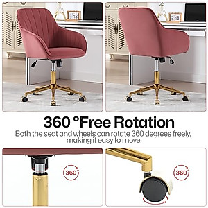 KCC Velvet Home Office Desk Chair with Gold Base, Modern Height Adjustable 360° Swivel Upholstered Vanity Chairs with Arms for Living Room Bedroom, Rose