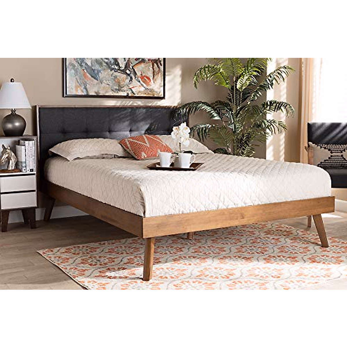 Baxton Studio Alke Mid-Century Modern Dark Grey Fabric Upholstered Walnut Brown Finished Wood Queen Size Platform Bed