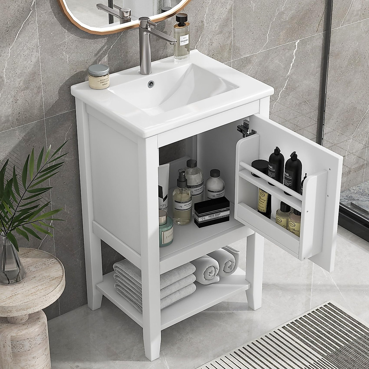ANTSKU 20 Inch Small Bathroom Vanity with Sink Combo, Modern Single Sink Vanity with Top, Wood Bathroom Cabinet with Ceramic Sink, Soft Closing Door, Storage Rack and Open Shelf (White)