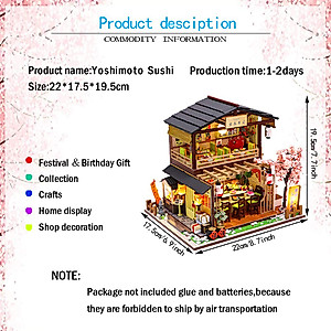 SYW DIY Miniature Dollhouse Kit with Furniture and LED Light，Japanese Sushi Shop Wooden Dollhouse, 1:24 Scale Creative Doll House Toys for Teen