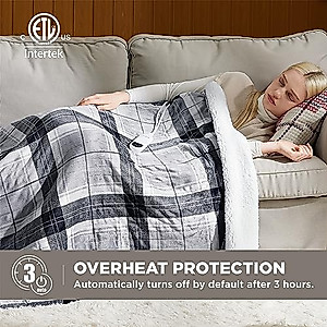 Bedsure Plaid Heated Throw Blanket - Safe Electric Flannel Blanket with Grey Plaid Pattern, Heated Blanket with 6 Heating Levels, 4 Time Settings, and 3 Hours Auto-Off (50x60 inches)