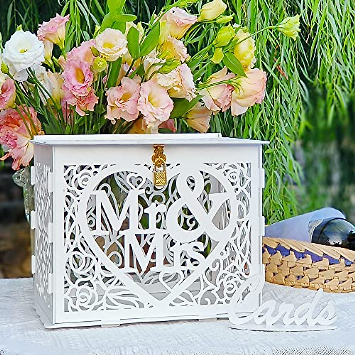 Jolik Wedding Money Box Holder with Sign, Large Rustic Wood Wooden DIY Envelop Gift Card Shadow Boxes with Lock Slot for Reception Anniversary Graduation Birthday Party Parties (Mr & Mrs, White)