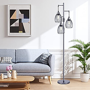 Dimmable Industrial Floor Lamps for Living Room, Gray Tree Standing Tall Lamps with 3 Elegant Teardrop Cage Head & 800 Lumens LED Bulbs for Bedroom Office