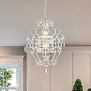 Small Crystal Chandelier for Bedroom, 90% Pre-Assembled 1 Light White Chandelier, Mini Acrylic Crystal Ceiling Light Fixture Charming for Girls Room, Closet, Bathroom, Entryway, Dining Room