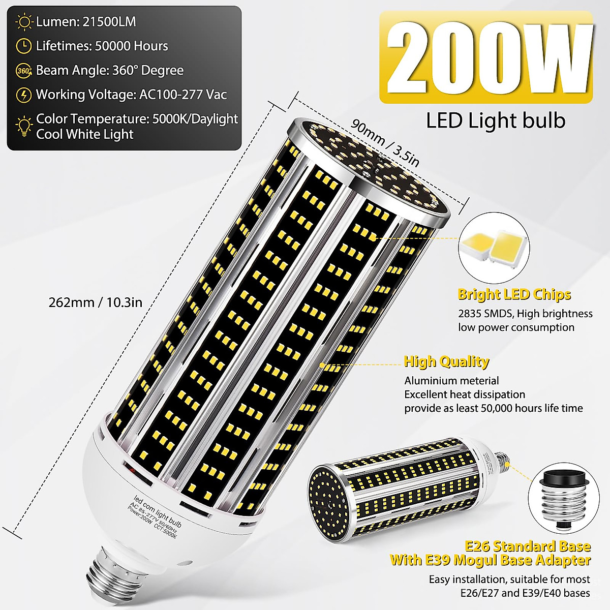 200W 2 pack LED Corn Light Bulb,(2000W Equivalent )Commercial Grade 30500LM DayLight 5000K E26/E39 Medium Mogul Base LED Lamp,Large Area Lights For Outdoor Indoor Garage Warehouse Factory Bay Light