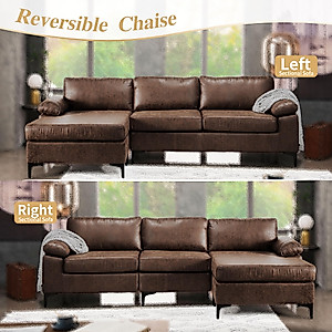 XIZZI 100" Mid Century Modern Sectional Sofa Couch,L Shaped Suede Fabric Couch for Living Room,Comfy 3 Seat Reversible Chaise Corner Couch for Apartment Office (Dark Brown)