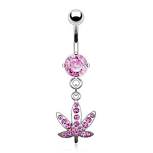 Forbidden Body Jewelry Surgical Steel Pink Crystal Studded Marijuana Leaf Charm Dangle Belly Ring