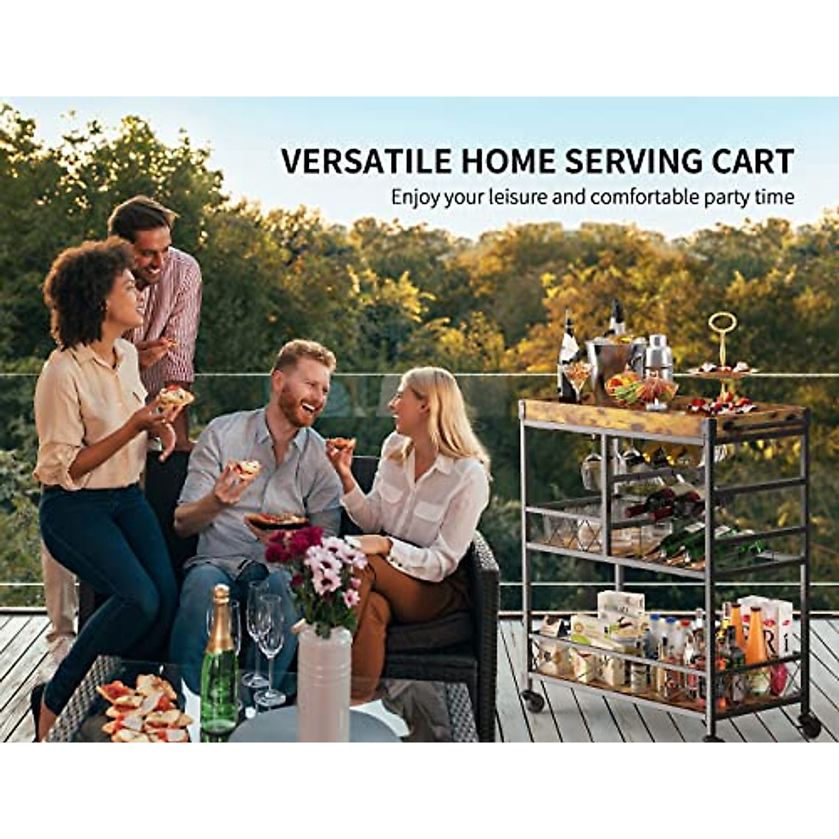 Gizoon 3 Tier 38" Home Bar Serving Cart with Large Storage Space, Mobile Kitchen Storage Trolley with Lockable Wheels, 12 Wine Rack, Glass Holder, Removable Tray (Retro)