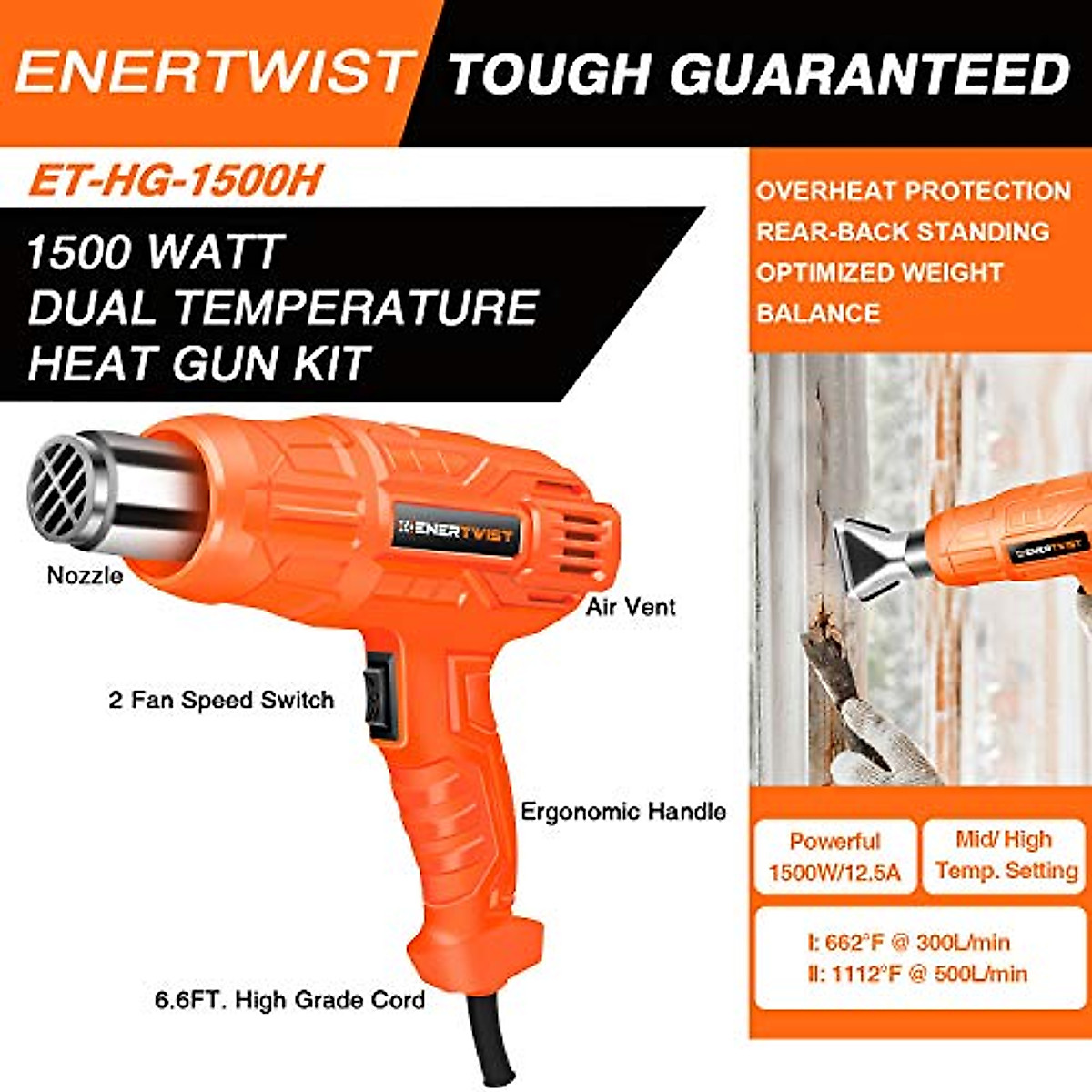 Enertwist 1500W Dual Temperature Heat Gun Kit with 4 Nozzle Attachments for Shrink Wrapping, Paint Removal, Rusted Bolt Stripping, Wire Shrinking, Crafting, ET-HG-1500R