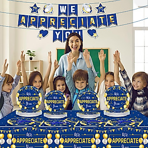 97 Pcs We Appreciate You Decorations for Thank You Party Plates and Napkins Set Blue Gold We Appreciate You Banner Tablecloth for Teacher Nurser Doctor Pastor Employee Thanksgiving Supplies