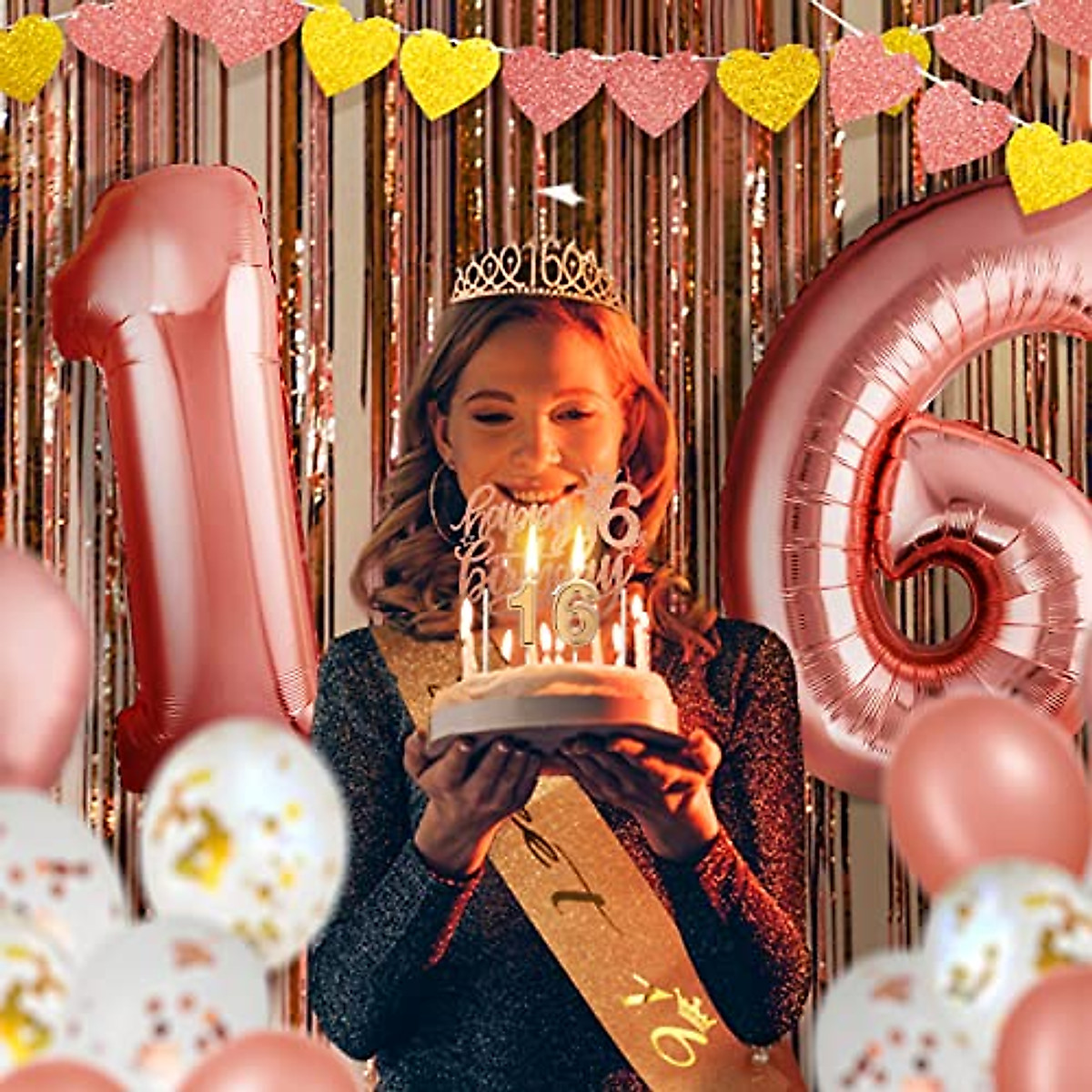 Sweet 16th Birthday Decorations, Happy Birthday Banner with Princess Crown, Sash Candles, Heart Foil Confetti Balloons, Tissue Paper Pom, Rose Gold Fringe Streamers Princess Party Decorations for Girls