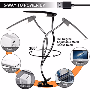 LiFMIRA Clip on Lamp USB Reading Light 3 Color Modes 3000-6000K and 10 Brightness 8W 40 LED Flexible Gooseneck Desk Light Clip on Lamp for Desk Eye Caring Bed Lamp for Headboard (No Plug)