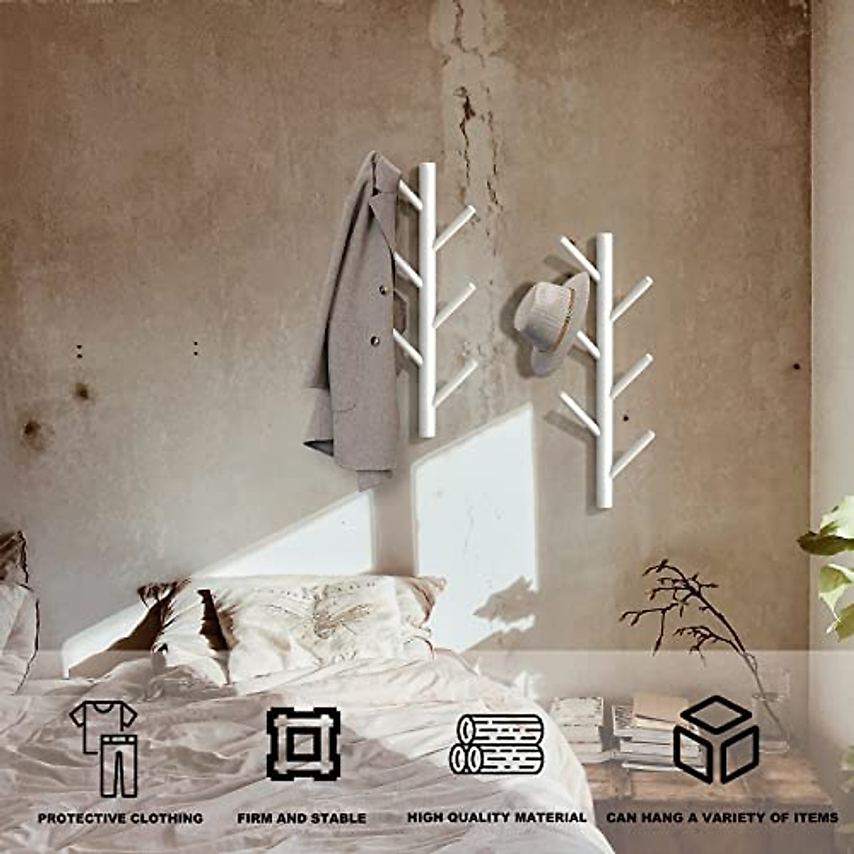 6 Hooks Hanging Modern Wall Mounted Coat and Hat Rack,Wood Hook Wall Decor Hanger for Bedroom and Entryway，Heavy Duty Easy Assembly - 2 Pack White (24 inch)