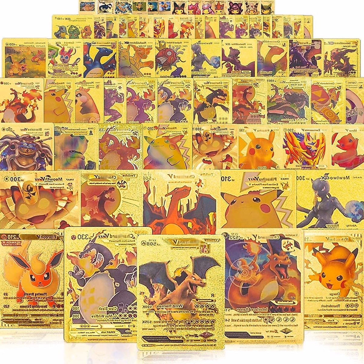 55 PCS Gold Cards Packs Vmax V EX GX Rare Golden Cards TCG Deck Box Gold Foil Card for Fans/Kids/Collectors Gifts (No Duplicates)