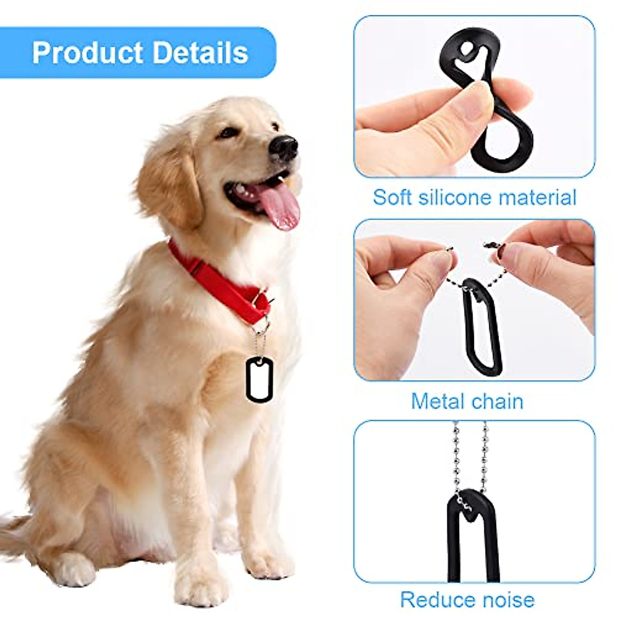 16Pcs Dog Tag Silencer with Chain, Silicone Dog Tag Silencer for Pet Collar, Rectangle Dog Tags to Reduce Noise
