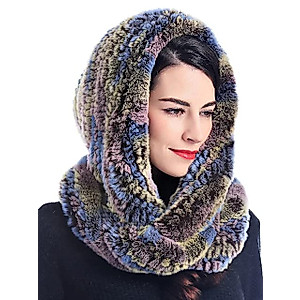 Knitted Rex Rabbit Infinity Scarf w Hood Fur Scarves Wrap Shawl Fur Cashmere Pashmina Silk Wool Cape Cashmere Cape (Ebony Black)