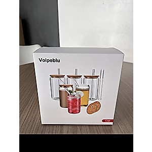 Volpeblu 6 Pack Glass Cups with Lids and Straws, 16 oz Iced Coffee Cup Glass Coffee Cups Drinking Glasses with Bamboo Lids & Glass Straw Beer Drinking Glasses Cute Tumbler for Cocktail, Soda, Water