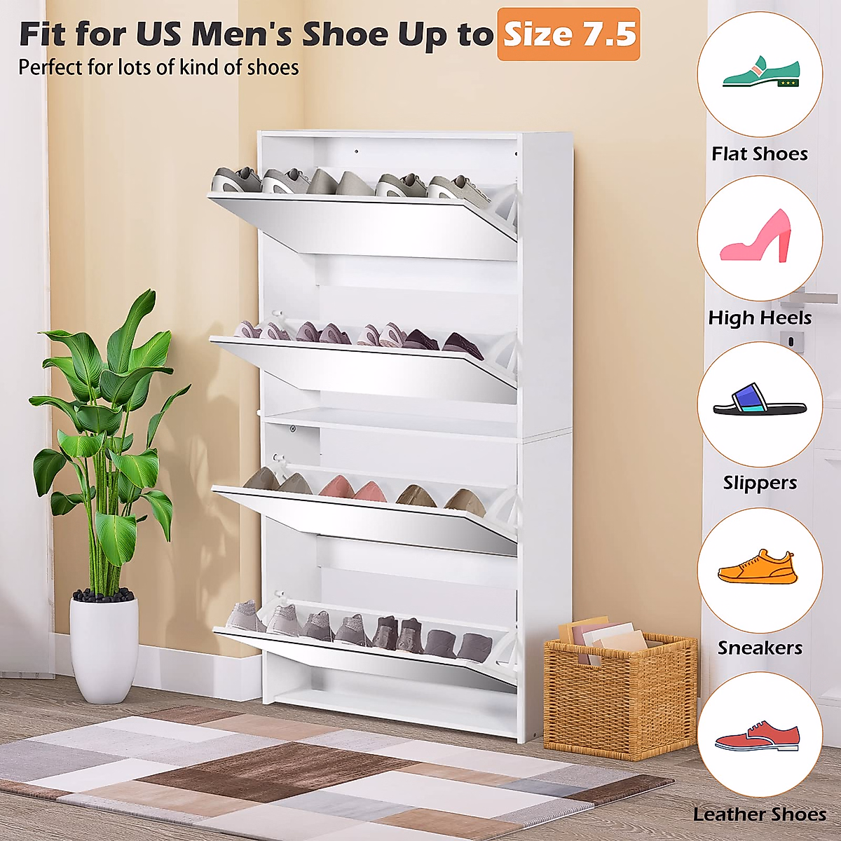 AODAILIHB White Shoe Cabinet for Entryway Slim, Narrow Freestanding Shoe Rack with 4 Flip Drawers&Mirror, Wood Shoe Storage Organizer for Closet, Apartment, and Corridor (Mirror Cabinet)