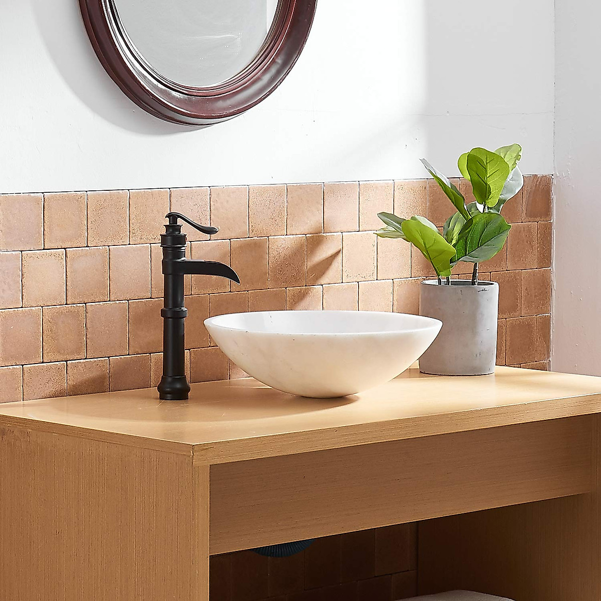 Matte Black Vessel Sink Faucet Waterfall with Pop Up Drain Assembly and Single-Handle Hole Supply Hose Lead-Free Vanity Lavatory Bathroom Faucet Mixer Tap