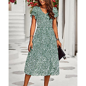 BTFBM Women Casual Summer Short Ruffles Tiered Sleeve Smocked Midi Dresses Bohemian Floral V Neck Wedding Guest Long Dresses