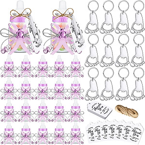 Sunnyray 72 Pcs Baby Shower Bottle Favors 24 Baby Mini Milk Bottles 24 Baby Footprint Keychain Bottle Opener 24 Thanks Tags Party Favors Gift for Girl Boy Baby Shower Decorations (Purple, Silver)