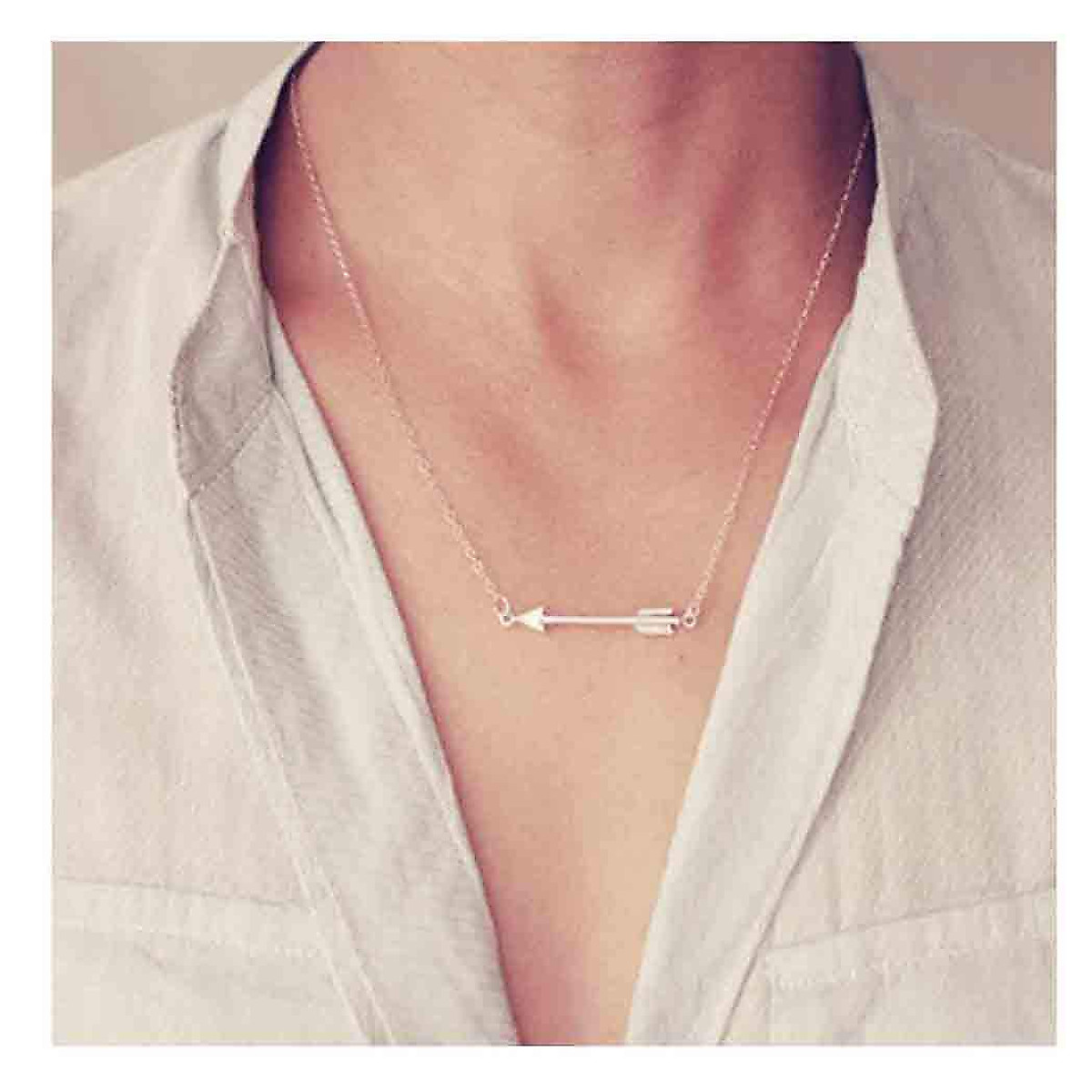 Olbye Horizontal Arrow Necklace Jewelry Sideways Arrow Necklaces for Women Simple Dainty Choker Necklace (Silver)