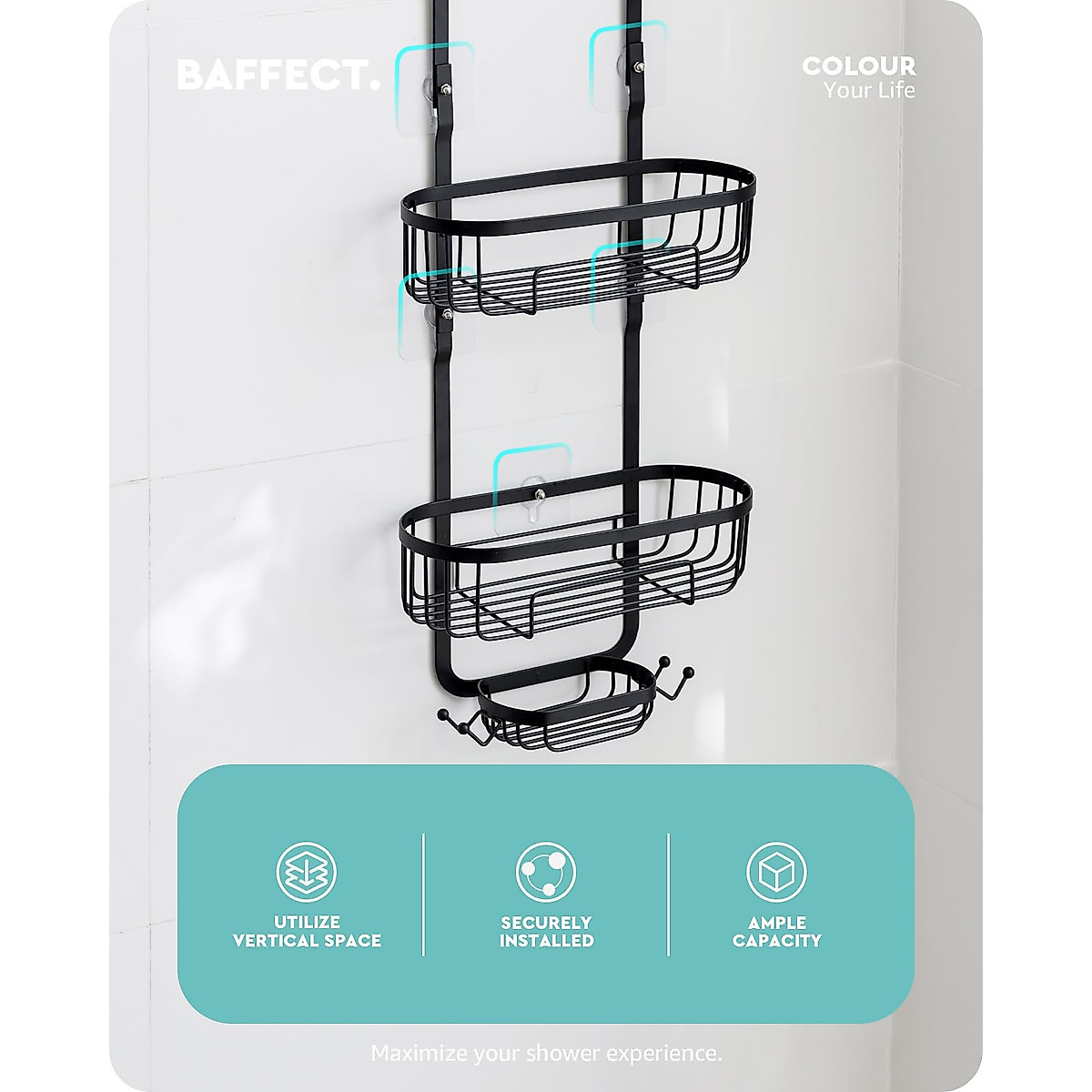 Baffect Shower Head Caddy, Upgraded Extended Metal Shower Storage Rack, Rust-Resistant Bathroom Organizer with Soap Holder and Hooks (Matte Black)