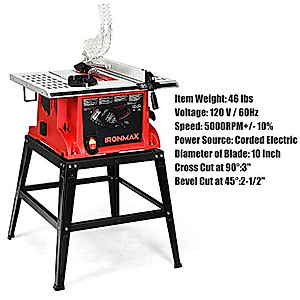 Goplus Table Saw, 10-Inch 15-Amp Portable Table Saw, 36T Blade, Cutting Speed Up to 5000RPM, 45º Double-Bevel Cut, Aluminum Table, Benchtop Table Saw with Metal Stand, Sliding Miter Gauge