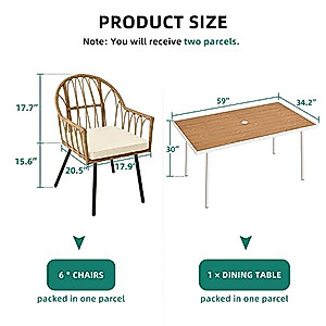 YITAHOME 7 Pieces Outdoor Patio Dining Set, Rattan Wicker Patio Dining Chair & Table Set for 6 People, Sectional Conversation Set with Umbrella Hole for Patios, Backyard, Balcony, Garden, Lawn