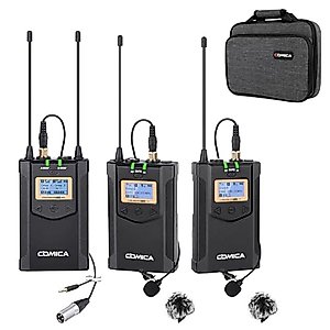 Comica CVM-WM100PLUS - Wireless Microphone System for Cameras, Camcorders, Smartphones, Laptops, Professional UHF Wireless Lavalier Lapel Microphone with Dual-Channel Recording, AA Batteries