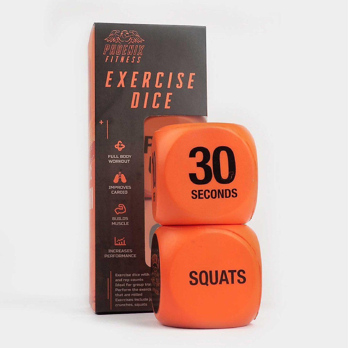 Phoenix Fitness Exercise Dice - Workout Dice Game for Cardio, HIIT Training and Exercise Classes - Full Body Training includes Push Ups, Squats, Jumping Jacks, Crunches & Wildcard - Home and Gym