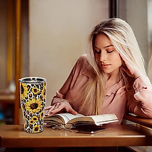 YHSHYZH 30 OZ Tumbler Cups with Lid Sunflower Stainless Steel Travel Coffee Mugs Personalized Leopard Print Insulated Cups Sunflowers Gifts for Women(30OZ, Leopard Sunflower)