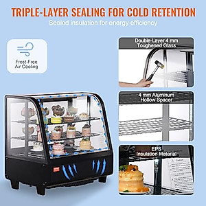 VEVOR XCW-100L 3.5 Cu.Ft./100L, 2-Tier, Countertop Pastry Case Commercial Display Refrigerator with LED Lighting, Turbo, Frost-Free Air-Cooling, Rear Sliding Door, Curved, Black