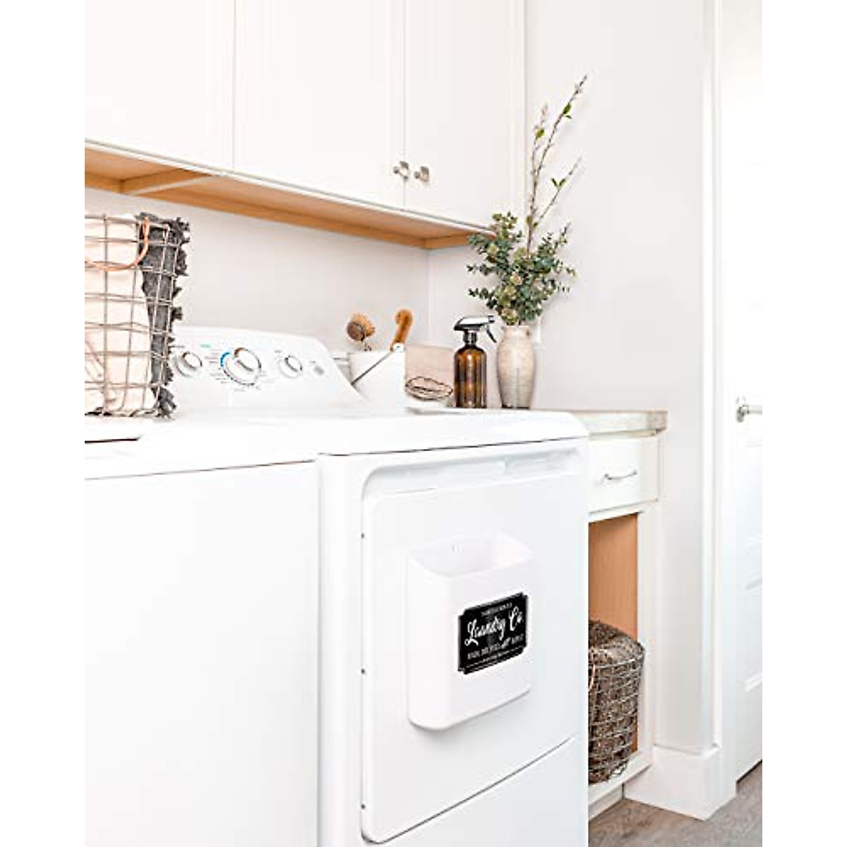 Lint Bin for Laundry Room Modern Farmhouse Decor Magnetic Container - Includes Wall or Magnetic Mount Accessories With Sign
