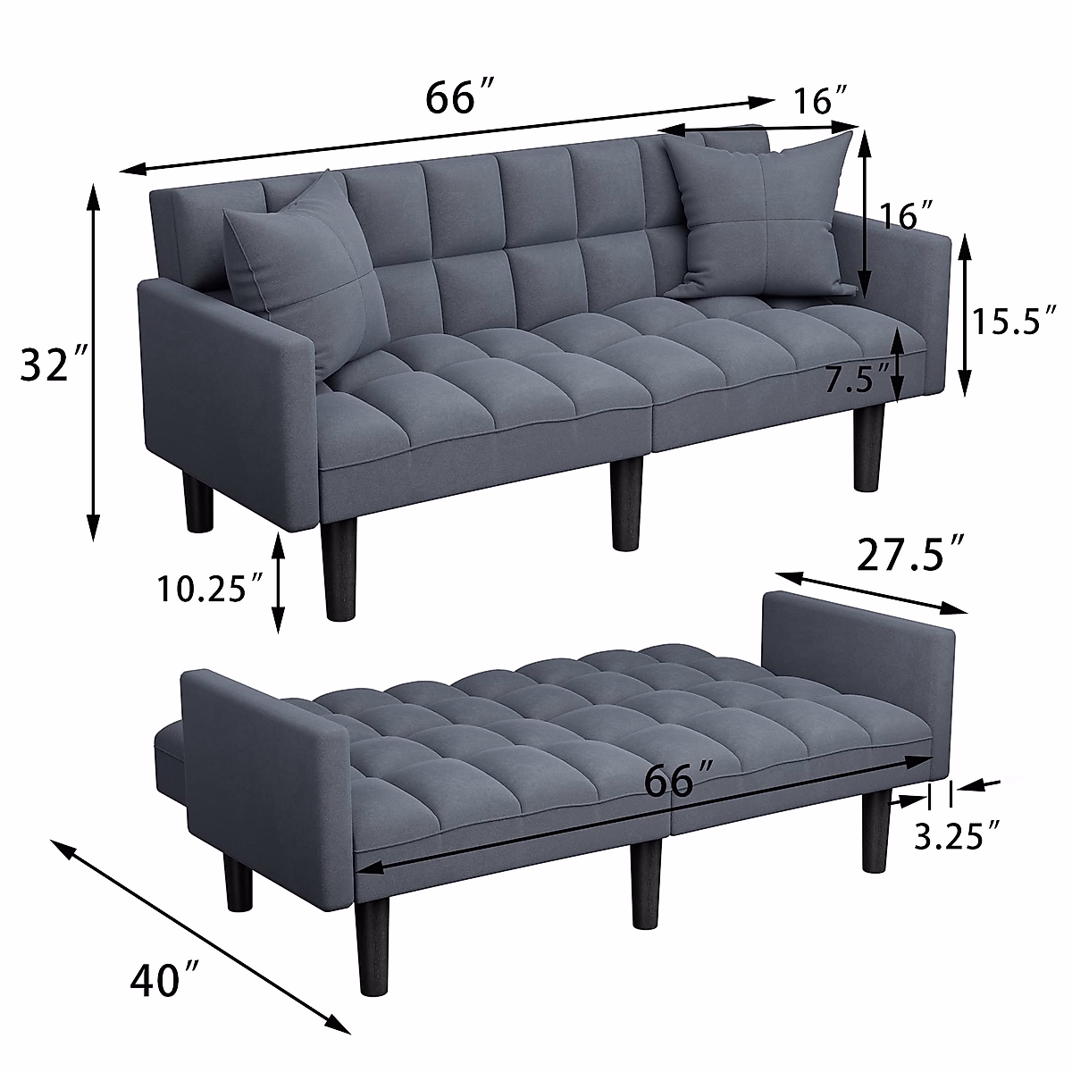 JUMMICO Modern Tuft Futon Sofa Bed Couch Convertible Loveseat Sleeper Reclining Futon Twin Size with Arms and 2 Pillows for Living Room (Blue)