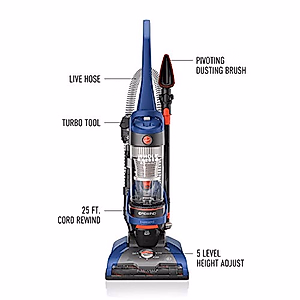 Hoover WindTunnel 2 Whole House Rewind Corded Bagless Upright Vacuum Cleaner with Hepa Media Filtration,UH71250, Blue, 16.1 lbs