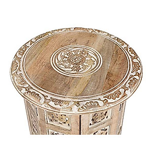 Solid Wood Hand Carved Accent Table, Side Table, entryway Table, Wooden end Table, Bedside Table, Octagonal Wooden Table - 18 Inch Round Top x 18 Inch High - White Wash