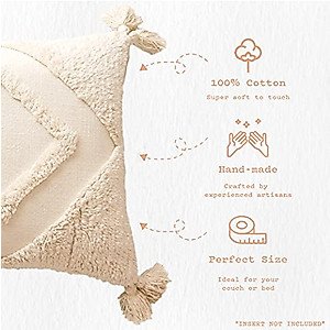 Banilla Throw Pillow Cover Bundle | Featuring a Pair of Hand Tufted Diamond Detailed 18" Pillow Covers & a 12x20 Lumbar Pillow with Chunky Tassels | Natural White