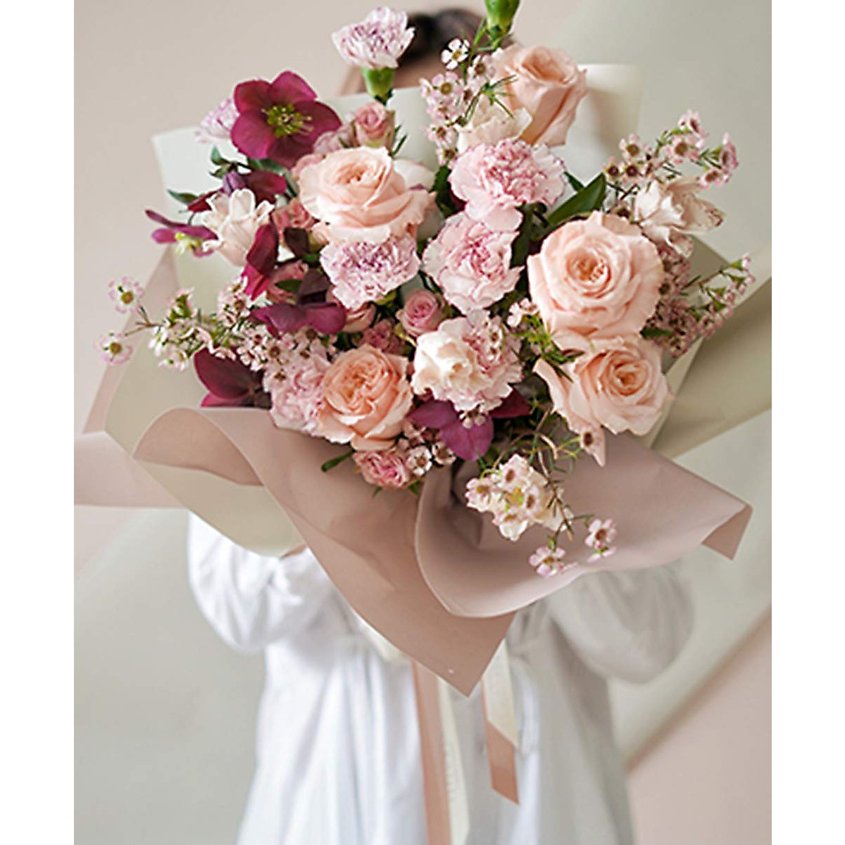 BBJ WRAPS Korean Style Waterproof Floral Wrapping Paper Single Color Bouquet Wrapping Paper Roll for Flowers, 22.8 Inch x 8 Yard, 1 Roll (Beige White)