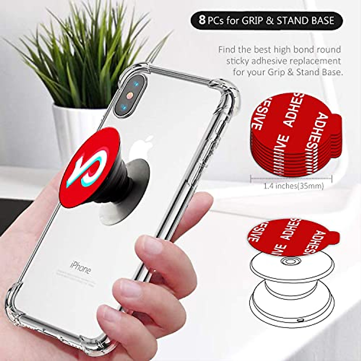 PKYAA 8 Pack Sticky Adhesive Compatible with Socket Base, Double-Sided Replacement Tape for Collapsible Grip & Stand Back, 4pcs Sticker Pads for Car Magnetic Phone Holder