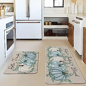 Artoid Mode Hello Pumpkin Eucalyptus Fall Kitchen Mats Set of 2, Thanksgiving Home Decor Low-Profile Kitchen Rugs for Floor - 17x29 and 17x47 Inch