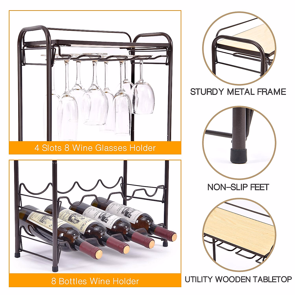 TOOLF 8 Bottle Wine Rack Freestanding Floor, Metal Wine Storage Shelf with Glasses Holder & Table Top, 4 Tier Wine Display Organiser, for Home Decor, Cellar, Bar, Countertop, Cabinet