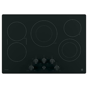 GE PP7030DJBB 30 Inch Electric Cooktop with 5 Radiant, Bridge SyncBurners, 9/6 Inch Power Boil Element, Keep Warm Setting, Red LED Backlit Knobs, ADA Compliant Fits Guarantee