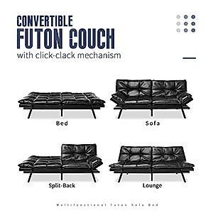 IULULU 70.5" Futon Sofa Bed Faux Leather Sleeper Couch, Convertible Split Loveseat Daybed with Adjustable Back and Arms for Small Spaces Room, Apartment, Office, Dark Black