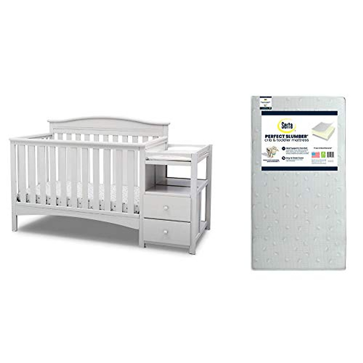 Delta Children Birkley Convertible Crib N Changer, Bianca White + Serta Perfect Slumber Dual Sided Recycled Fiber Core Crib and Toddler Mattress (Bundle)