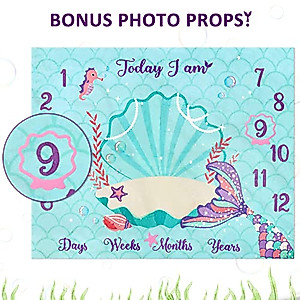 Eunikroko Mermaid Baby Monthly Milestone Blanket Mermaid Fleece Blankets Baby Girls Pictures Growth Tracker Photography Background Weeks Months with Props for Newborn Infants Shower Gift (50” x 40”)