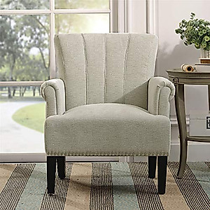 Living Room Chairs, Upholstered Chairs, Polyester Armchair Club Chair with Rivet Tufted Scroll Arm, Tufted Accent Chair for Bedroom and Living Room (Cream)