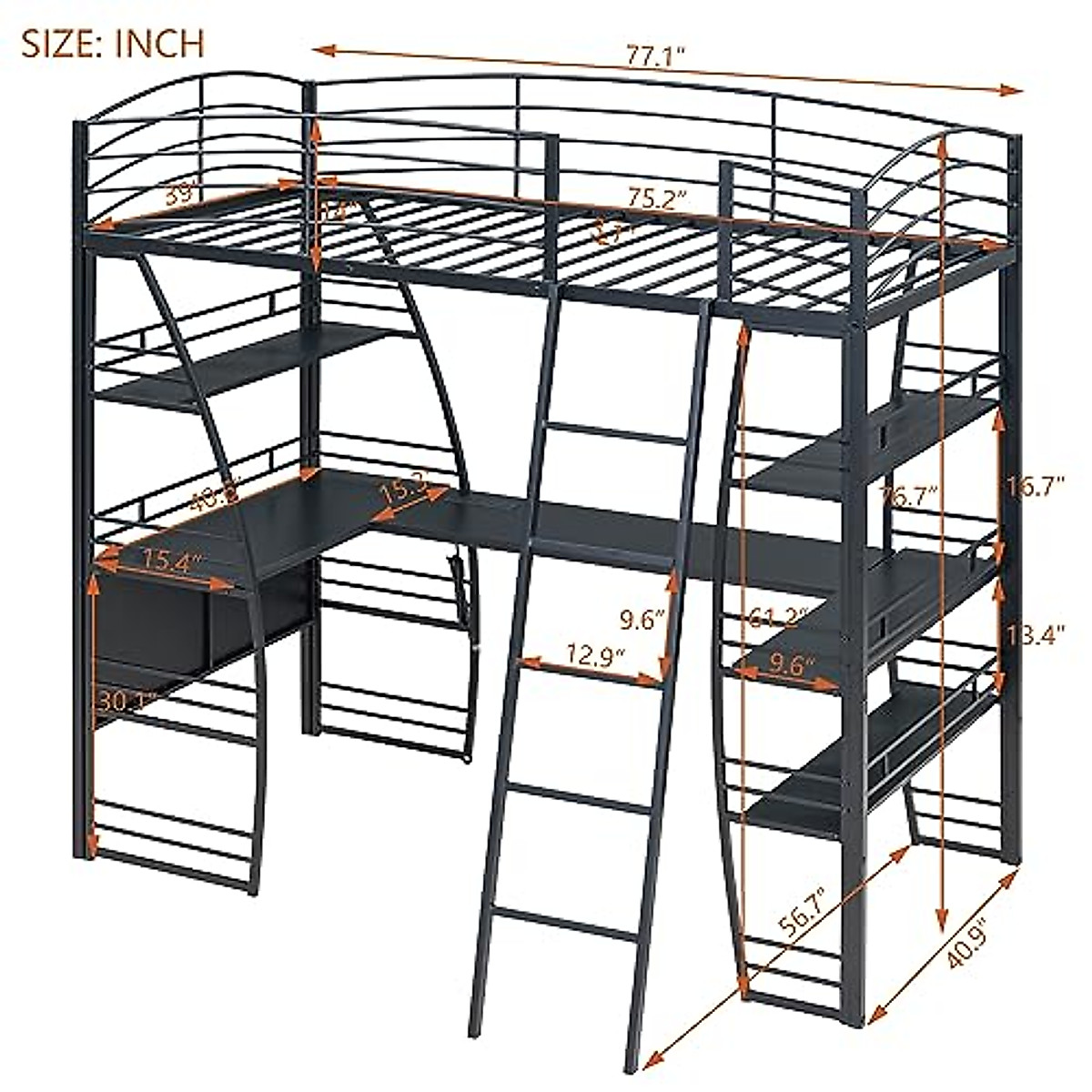 FEELHOME Twin Size Loft Bed with 4 Layers of Shelves and L-Shaped Desk, Stylish Metal Frame Bed with a Set of Sockets, USB Ports and Wireless Charging, Black