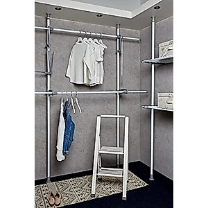 WENKO Herkules Flex Garment Rack, Rail, Adjustable, Tension Rod, Heavy Duty, for Hanging Clothes, Storage, Organizer, with Shelves, 14.2 x 74.8 x 118.1 inch, White
